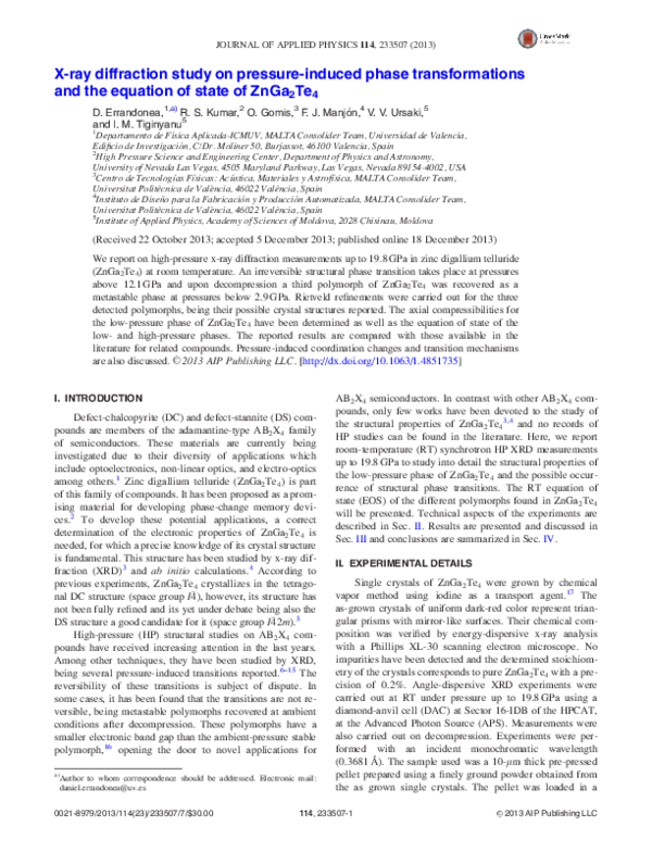 (PDF) X-ray diffraction study on pressure-induced phase transformations and the equation of ...
