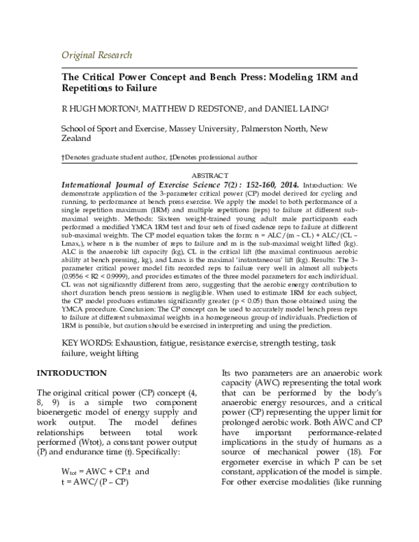 (PDF) The critical power concept and bench press: Modeling 1RM and ...