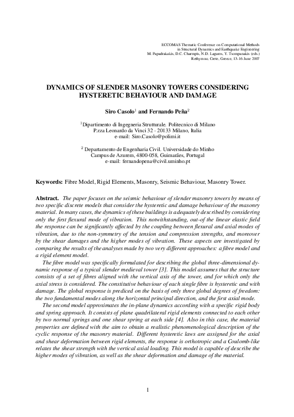 (PDF) Dynamics of Slender Masonry Towers Considering Hysteretic ...
