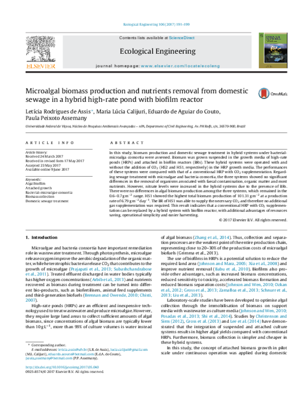 (PDF) Microalgal biomass production and nutrients removal from domestic sewage in a hybrid high ...