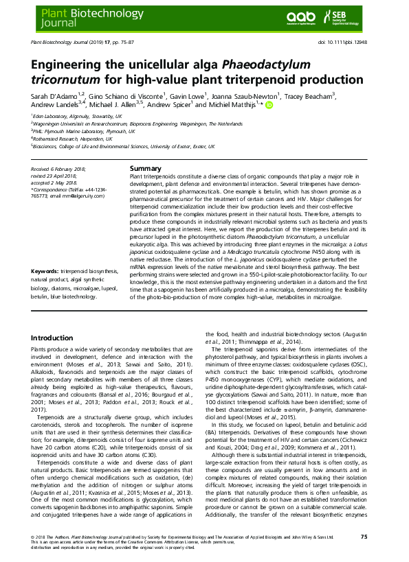 (PDF) Engineering The Unicellular Alga Phaeodactylum tricornutum For High-Value Plant ...