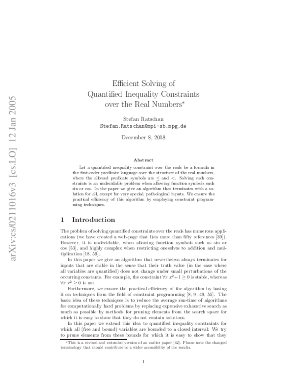 Pdf Efficient Solving Of Quantified Inequality Constraints Over The Real Numbers