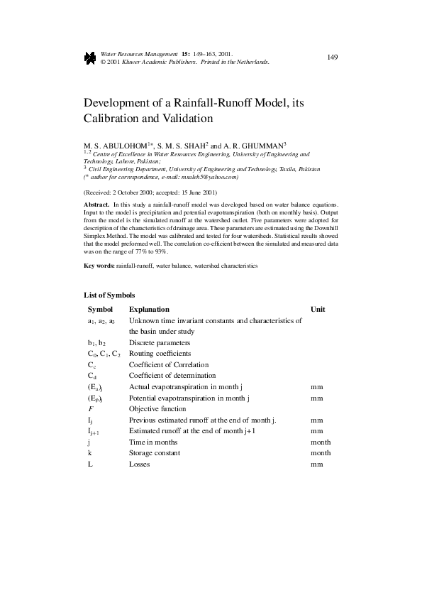 Pdf Development Of A Rainfall Runoff Model Its Calibration And Validation