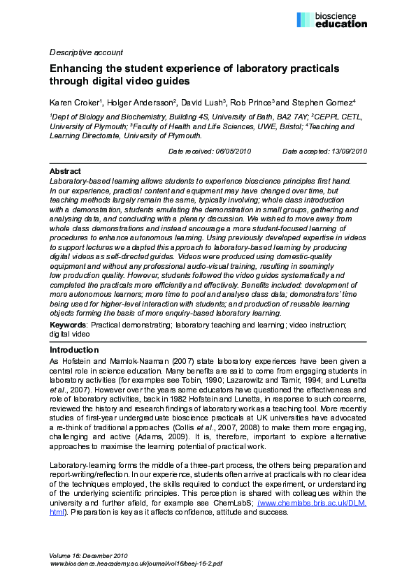 (PDF) Enhancing the student experience of laboratory practicals through ...
