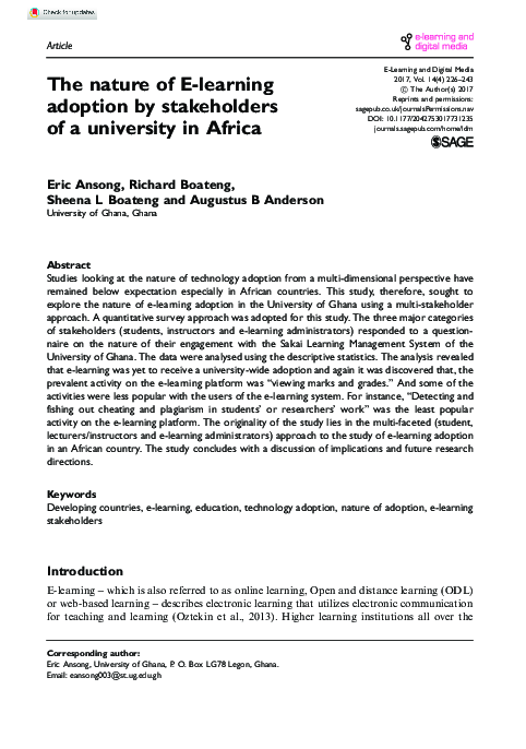 (PDF) The nature of E-learning adoption by stakeholders of a university ...