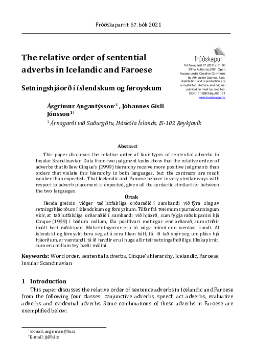 (PDF) The relative order of sentential adverbs in Icelandic and Faroese