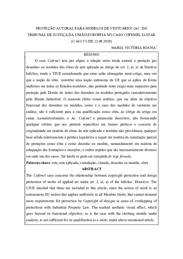 (DOC) PROTEÇÃO AUTORAL PARA MODELOS DE VESTUÁRIO? (AC. DO TRIBUNAL DE ...