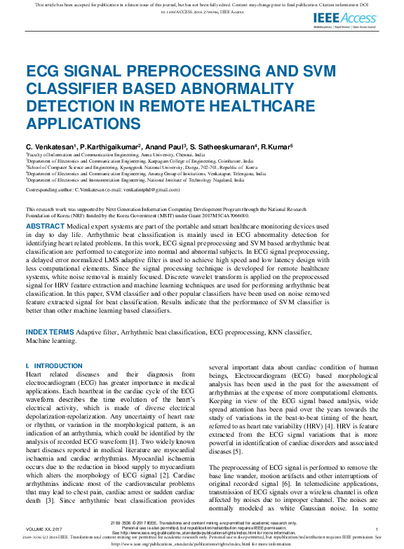 Pdf Ecg Signal Preprocessing And Svm Classifier Based Abnormality