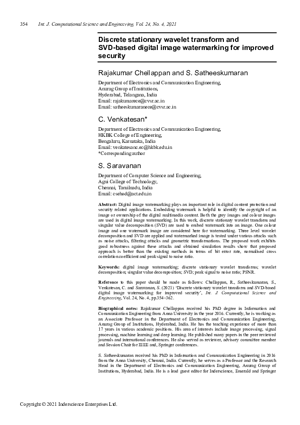 Pdf Discrete Stationary Wavelet Transform And Svd Based Digital Image Watermarking For