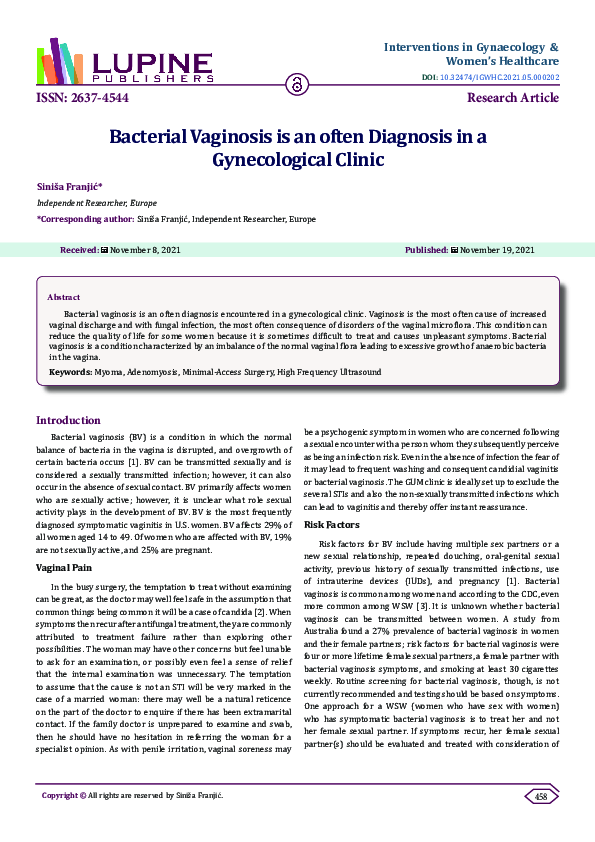 (PDF) Bacterial Vaginosis is an often Diagnosis in a Gynecological Clinic