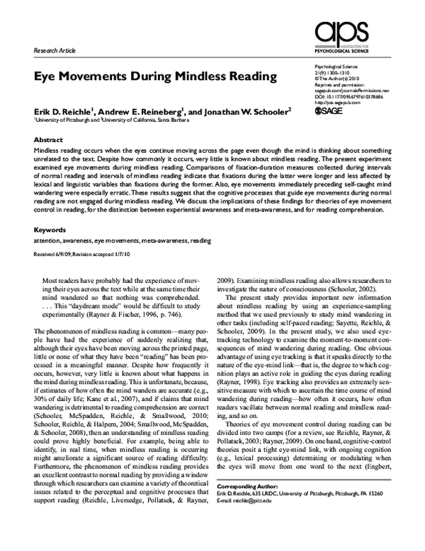 (PDF) Eye Movements During Mindless Reading