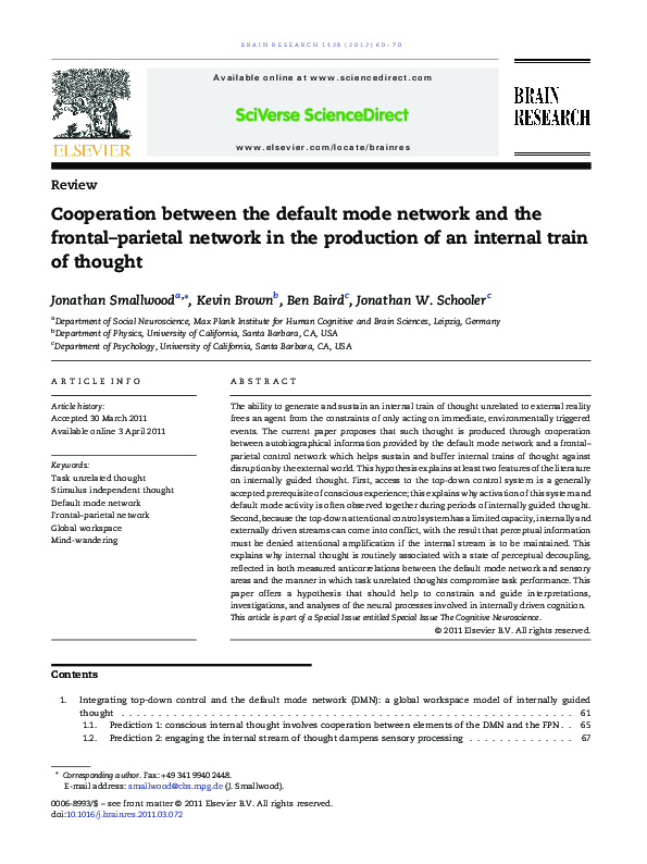 Pdf Cooperation Between The Default Mode Network And The Frontalparietal Network In The
