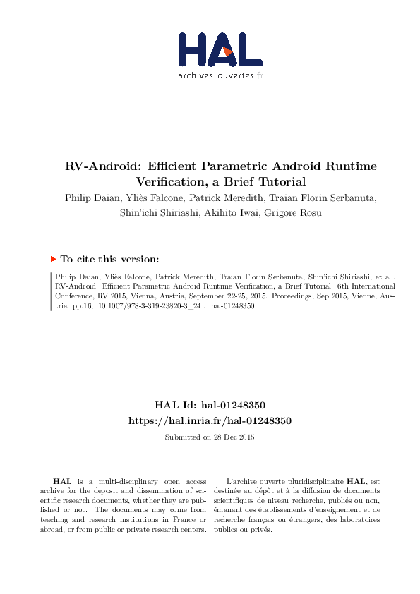 (PDF) RV-Android: Efficient Parametric Android Runtime Verification, a Brief Tutorial | Patrick ...