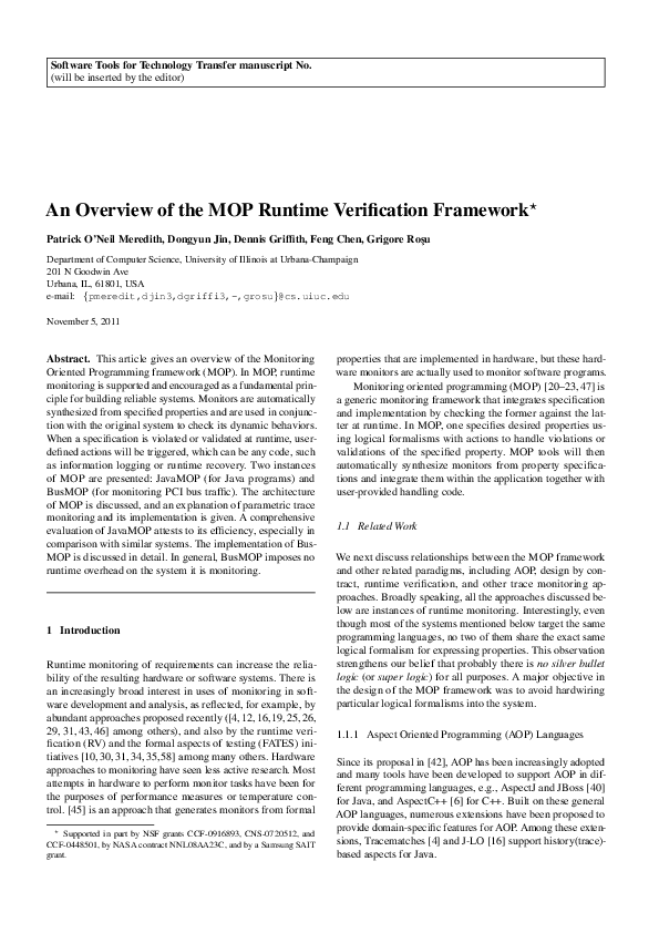 Pdf An Overview Of The Mop Runtime Verification Framework