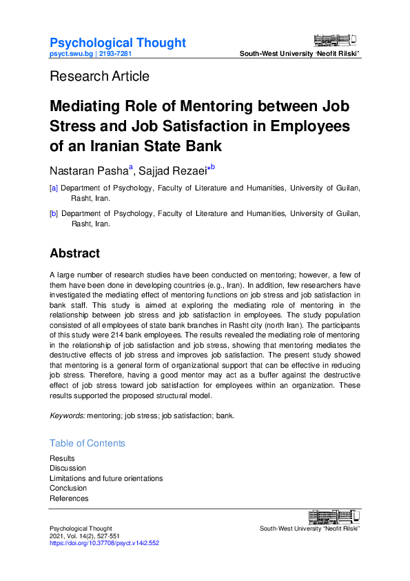 (PDF) Mediating Role of Mentoring Between Job Stress and Job Satisfaction in Employees of an ...
