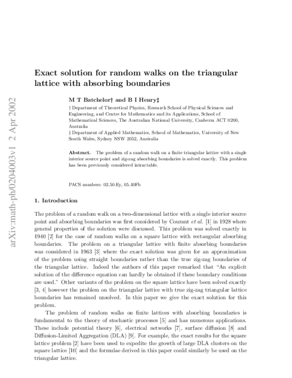 (PDF) Exact solution for random walks on the triangular lattice with absorbing boundaries