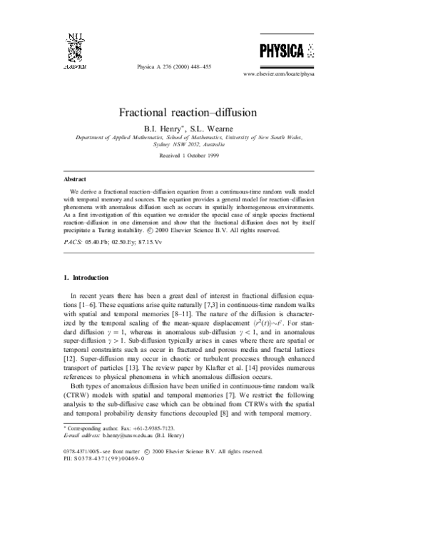Pdf Fractional Reaction Diffusion