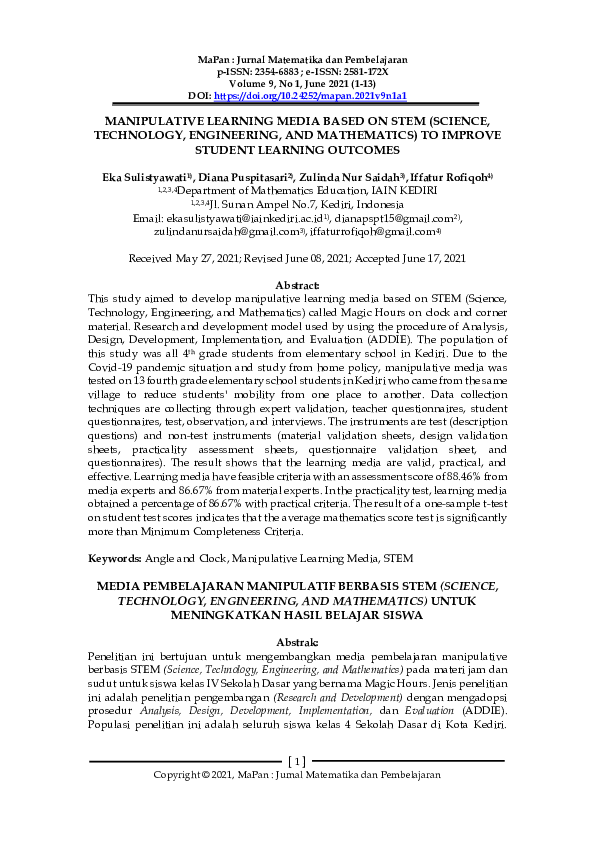 (PDF) Manipulative Learning Media Based on Stem (Science, Technology, Engineering, and ...