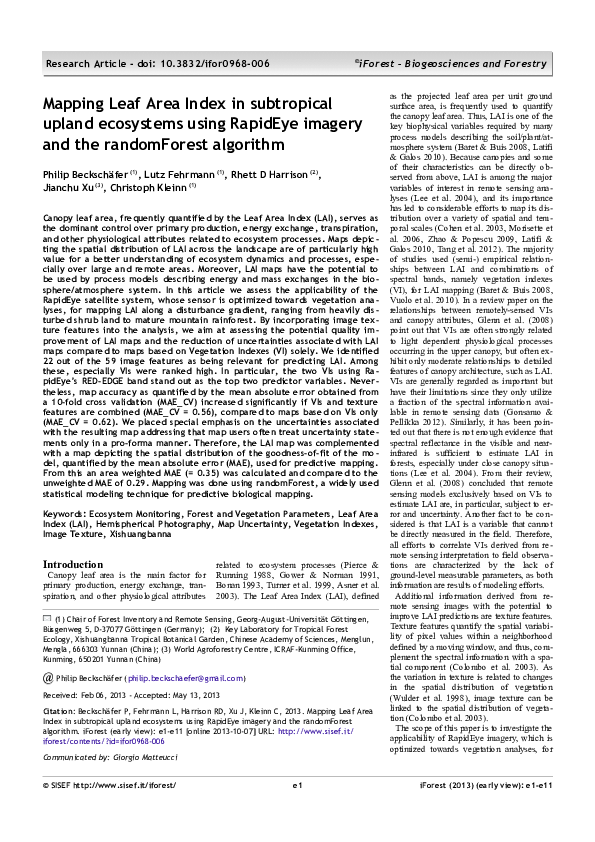 (PDF) Mapping Leaf Area Index in subtropical upland ecosystems using RapidEye imagery and the ...
