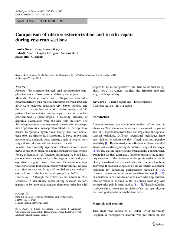 (PDF) Comparison of uterine exteriorization and in situ repair during ...