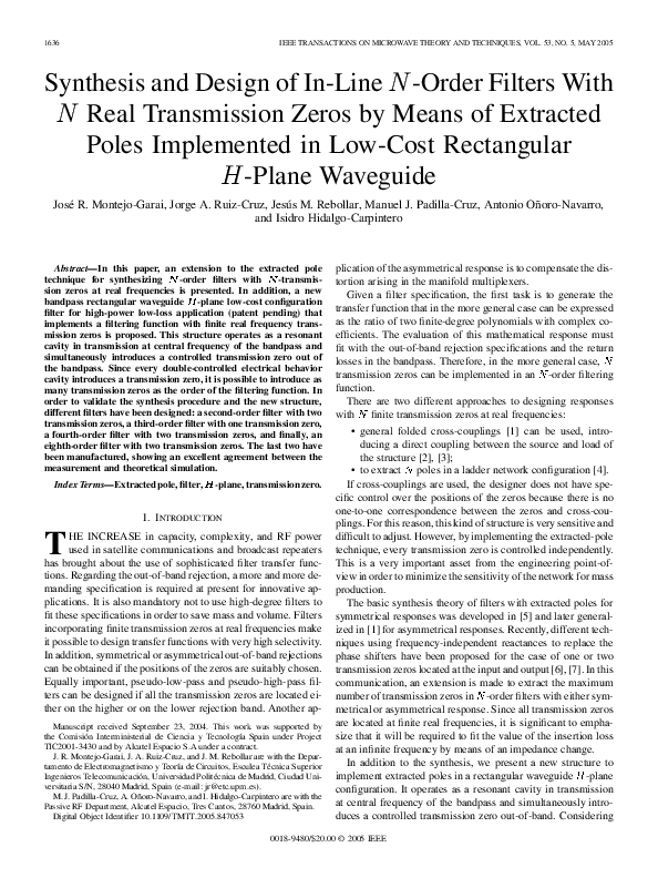 (PDF) Synthesis and design of in-line N-order filters with N real transmission zeros by means of ...