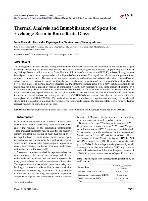 (PDF) Thermal Analysis and Immobilisation of Spent Ion Exchange Resin ...