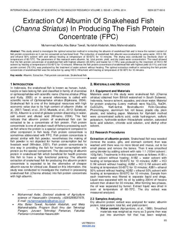 (PDF) Extraction Of Albumin Of Snakehead Fish (Channa Striatus) In ...