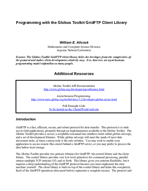 Programming with the Globus Toolkit GridFTP Client Library