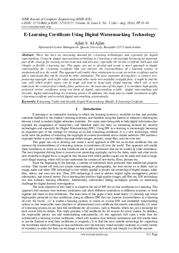 (PDF) E-Learning Certificate Using Digital Watermarking Technology