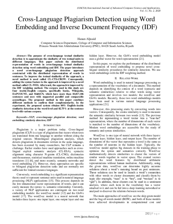 Pdf Cross Language Plagiarism Detection Using Word Embedding And Inverse Document Frequency Idf