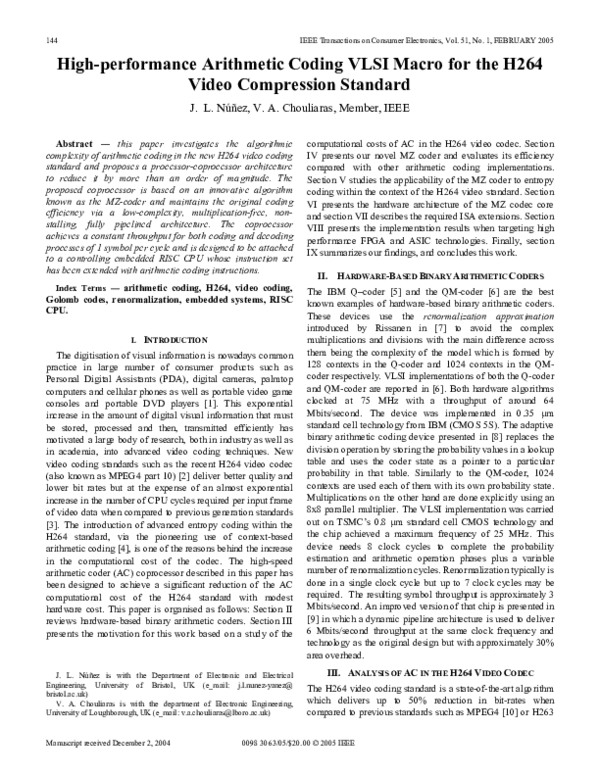 Pdf High Performance Arithmetic Coding Vlsi Macro For The H264 Video Compression Standard 