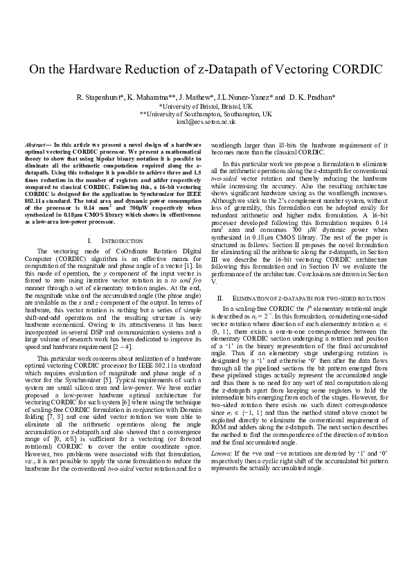 (PDF) On the Hardware Reduction of z-Datapath of Vectoring CORDIC