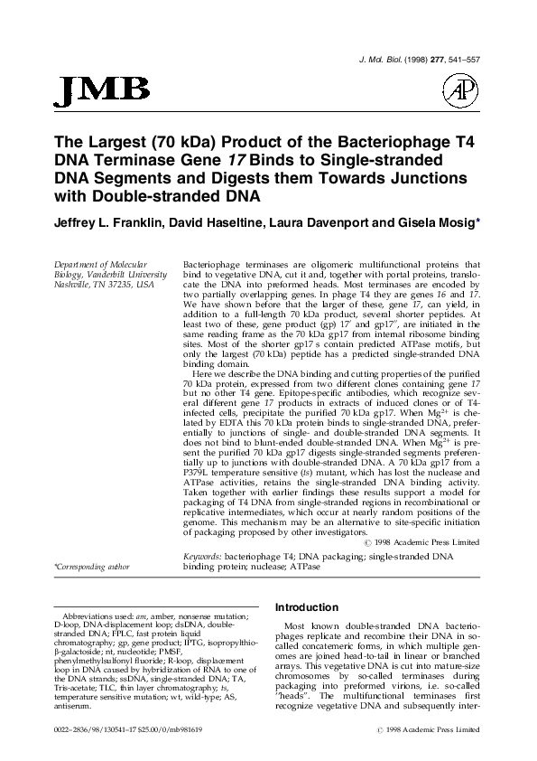 (PDF) The largest (70 kda) product of the bacteriophage T4 DNA ...