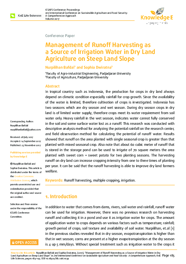 (PDF) Management of Runoff Harvesting as a Source of Irrigation Water in Dry Land Agriculture on ...