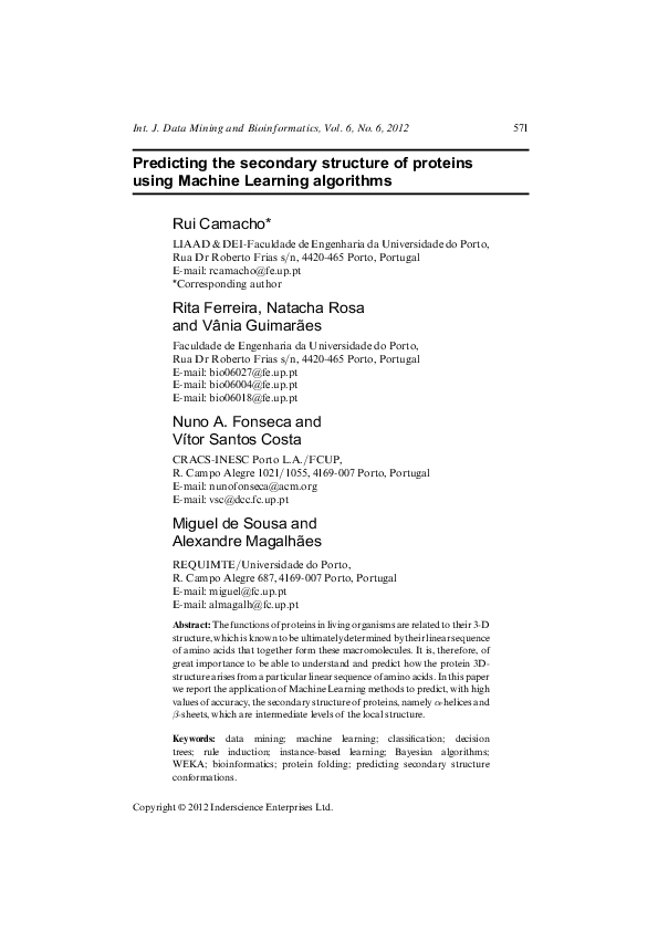 (PDF) Predicting the secondary structure of proteins using Machine Learning algorithms