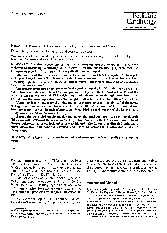 (PDF) Persistent truncus arteriosus: Pathologic anatomy in 54 cases
