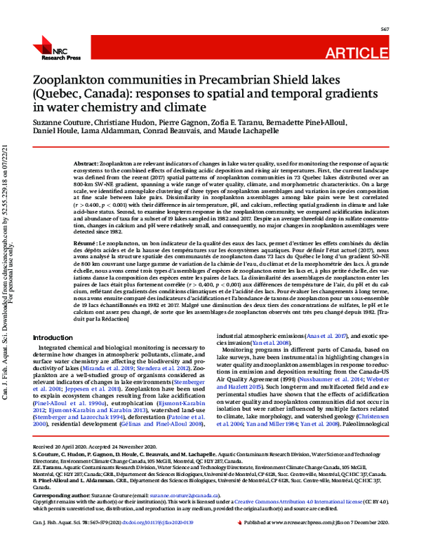 (PDF) Zooplankton communities in Precambrian Shield lakes (Quebec ...