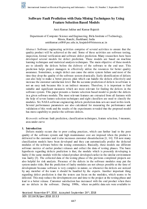 (PDF) Software Fault Prediction with Data Mining Techniques by Using Feature Selection Based Models