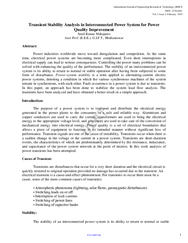 (PDF) Transient Stability Analysis in Interconnected Power System for Power Quality Improvement
