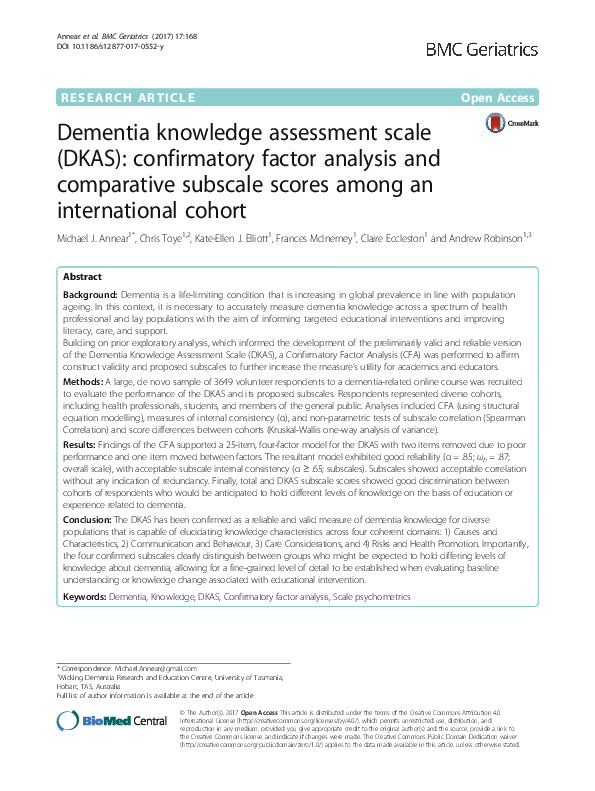 (PDF) Dementia knowledge assessment scale (DKAS): confirmatory factor ...