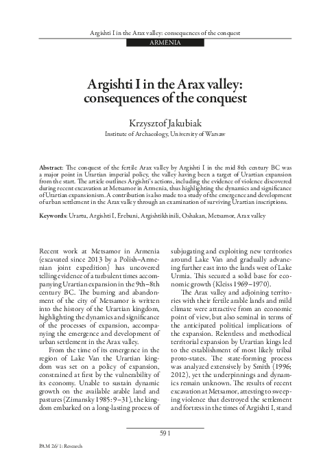 (PDF) Argishti I in the Arax valley: consequences of the conquest
