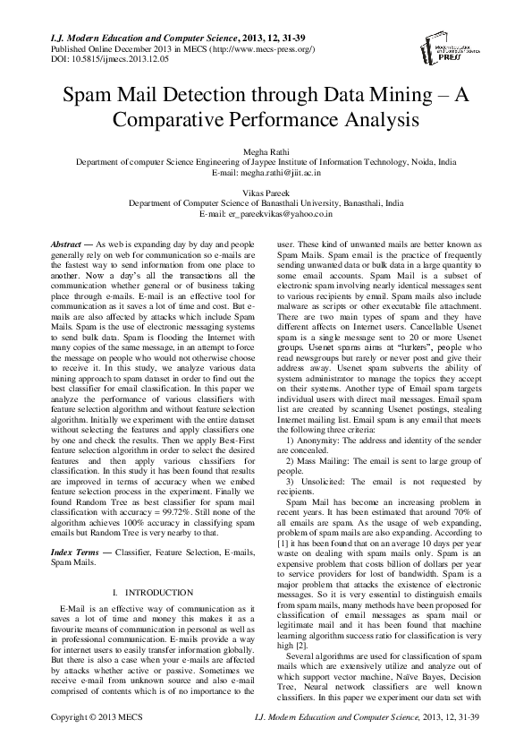 Pdf Spam Mail Detection Through Data Mining A Comparative