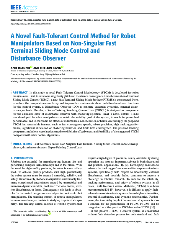Pdf A Novel Fault Tolerant Control Method For Robot Manipulators Based On Non Singular Fast