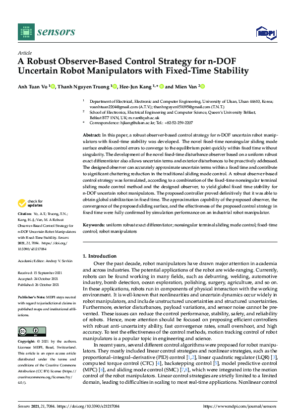 Pdf A Robust Observer Based Control Strategy For N Dof Uncertain Robot Manipulators With Fixed