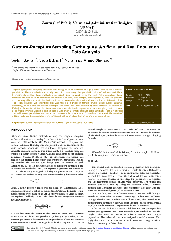 (PDF) Capture-Recapture Sampling Techniques: Artificial and Real ...