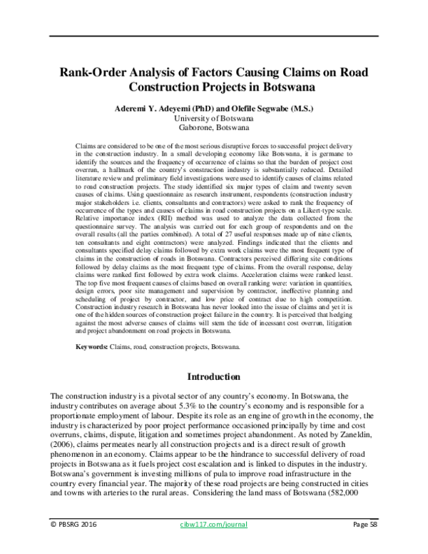 (PDF) Rank-Order Analysis of Factors Causing Claims on Road ...