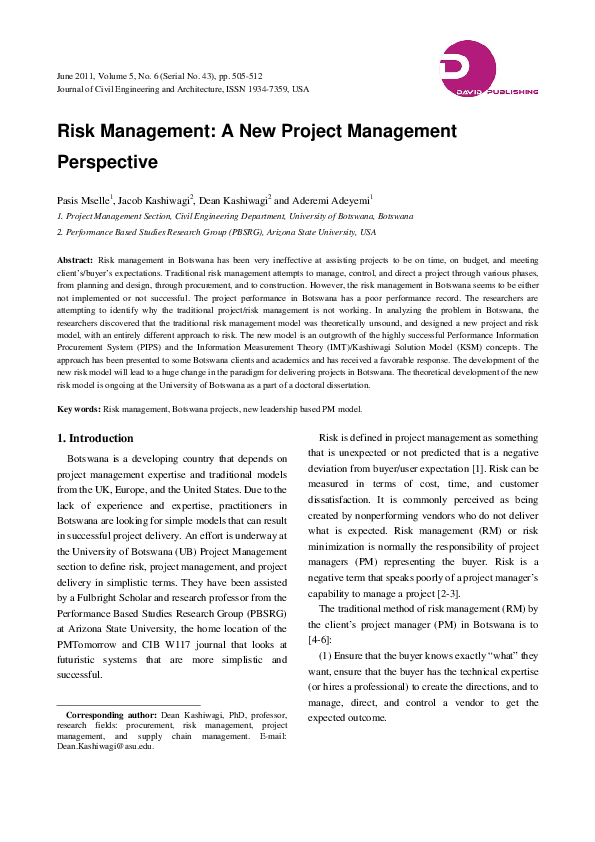 (PDF) Risk Management: A New Project Management Perspective