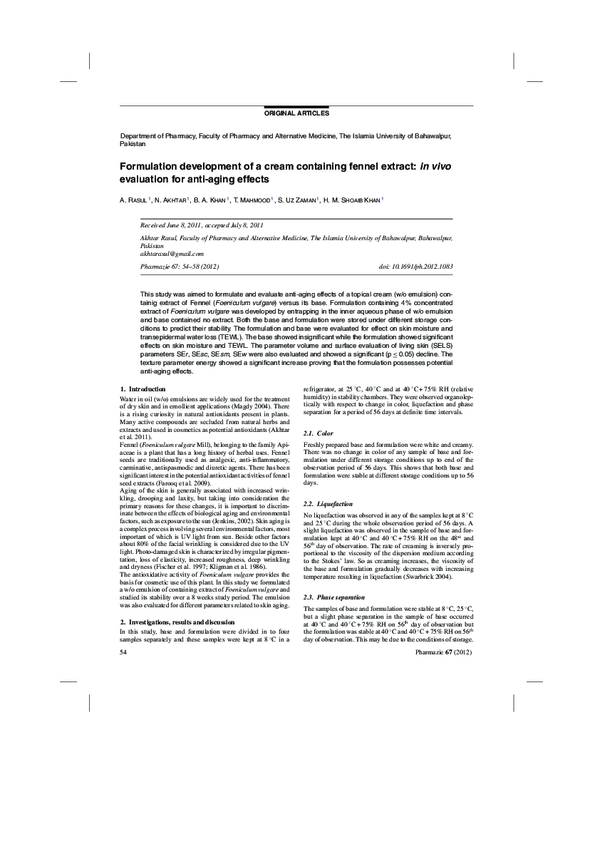 (PDF) Formulation development of a cream containing fennel extract: In ...