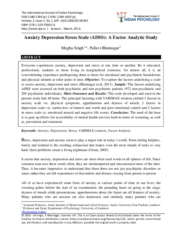 (PDF) Anxiety Depression Stress Scale (ADSS): A Factor Analytic Study
