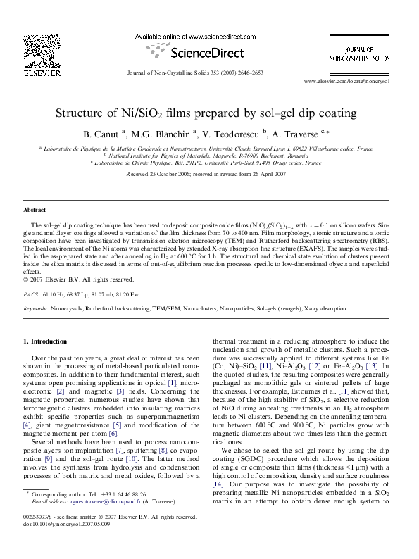 (PDF) Structure of Ni/SiO2 films prepared by sol–gel dip coating